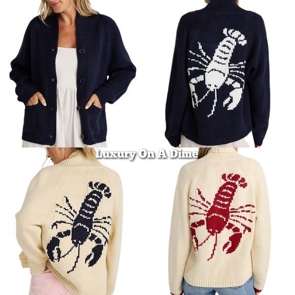 Sweaters | Contrasting Lobster Coastal Print Knit Cardigan Button Long ...